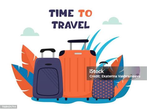 여행 동기 부여 제목을 여행하는 시간 만화 가방과 비행 종이 비행기와 여행 배너 플랫 디자인의 벡터 그림입니다 가족 여행 글자