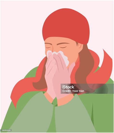 여성은 기침과 재채기 벡터 그림 동안 입과 코를 커버하기 위해 조직을 사용합니다 여성 캐릭터는 손수건으로 코를 가린다 소녀는 독감에서 재채기를 아프게 겨울의 개념 벡터에