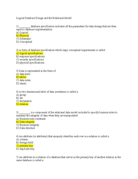 Logical Database Design And The Relational Model A Logical B Physical C Schematic D