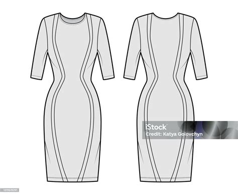 드레스 패널 기술 패션 일러스트와 모래 시계 실루엣 팔꿈치 소매 장착 몸 무릎 길이 스커트 0명에 대한 스톡 벡터 아트 및 기타 이미지 Istock
