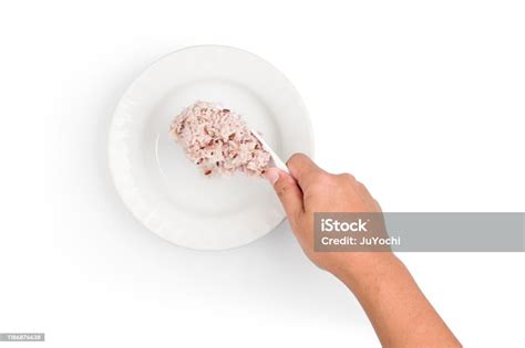 손의 상단보기 국자를 잡고 클리핑 경로와 고립 된 배경에 흰색 세라믹 접시에 요리 밥을 떠서 0명에 대한 스톡 사진 및 기타 이미지 Istock
