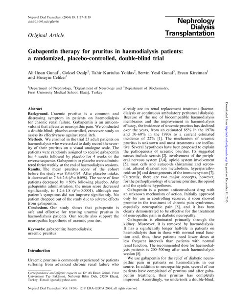 Pdf Gabapentin Therapy For Pruritus In Haemodialysis Patients A Randomized Placebo