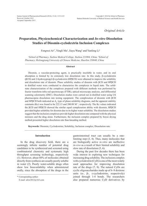 Pdf Preparation Physicochemical Characterization And In Vitro