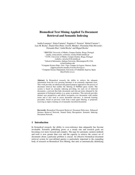 Pdf Biomedical Text Mining Applied To Document Retrieval And Semantic Indexing