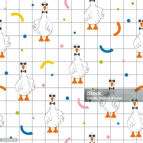 귀여운 만화 거위와 손으로 그린 패턴 어린이 의류 섬유 어린이 방 디자인을위한 손으로 그린 스타일의 일러스트레이션 벡터 일러스트 레이 션 원활한 패턴 0명에 대한 스톡 벡터