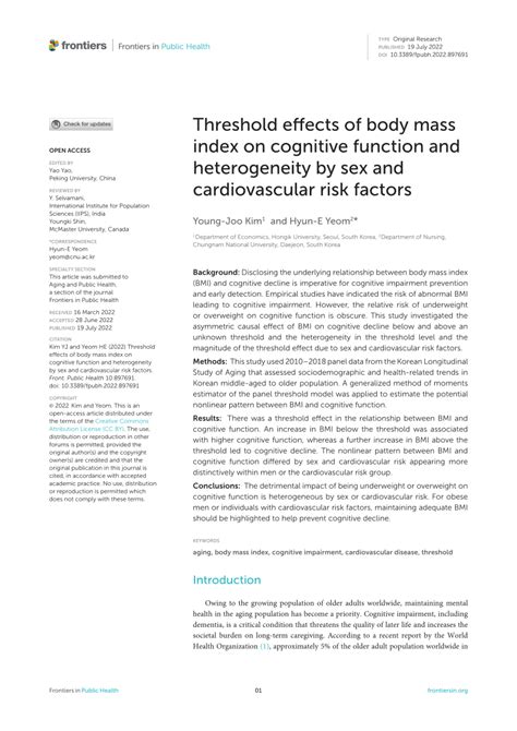 Pdf Threshold Effects Of Body Mass Index On Cognitive Function And Heterogeneity By Sex And