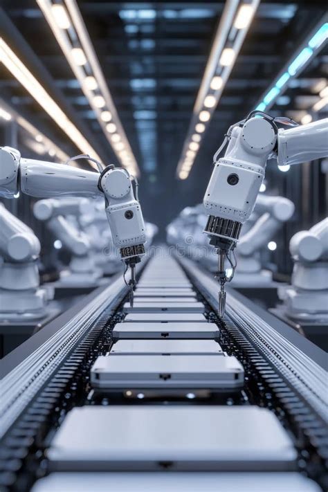 automated production line in modern ev factory with robotic arms moving