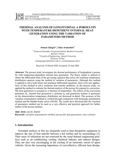 Pdf Thermal Analysis Of Longitudinal A Porous Fin With Temperature Dependent Internal Heat
