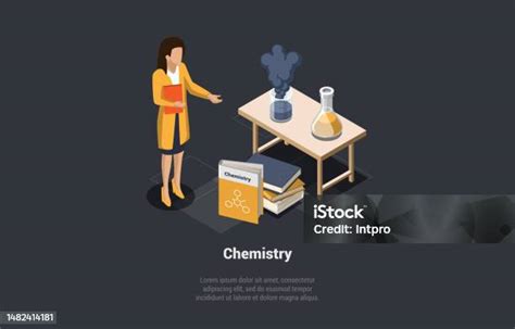 화학 공부 과목 교육 온라인 과학 과정의 개념 여성 캐릭터는 시약이 든 플라스크를 들고 책상 근처에 서 있다 학교 교육 시스템 아이소메트릭 3d 벡터 일러스트레이션 3차원
