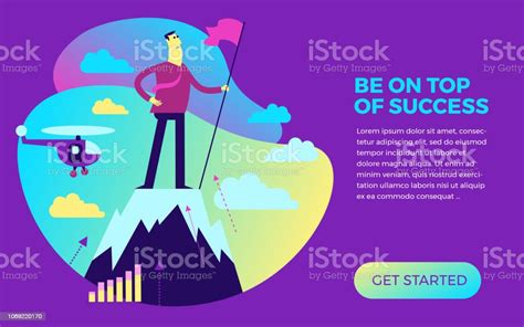 비즈니스 상황의 삽화와 함께 비즈니스 인포 그래픽입니다 사업가 플래그로 성공 산 위에 서 있다 최고 관리자 리더는 목표를 달성 벡터 일러스트 레이 션 평면 디자인입니다