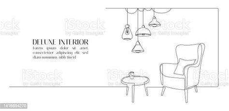 안락 의자와 교수형 램프의 연속 선 그리기 간단한 선형 스타일의 거실 인테리어를위한 현대적인 로프트 가구 편집 가능한 스트로크 낙서 벡터 일러스트 레이 션 가정의 방에 대한