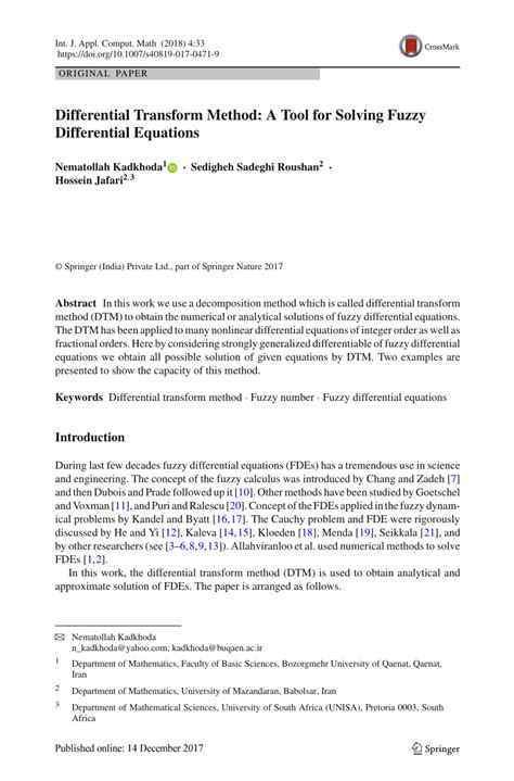 pdf differential transform method a tool for solving fuzzy