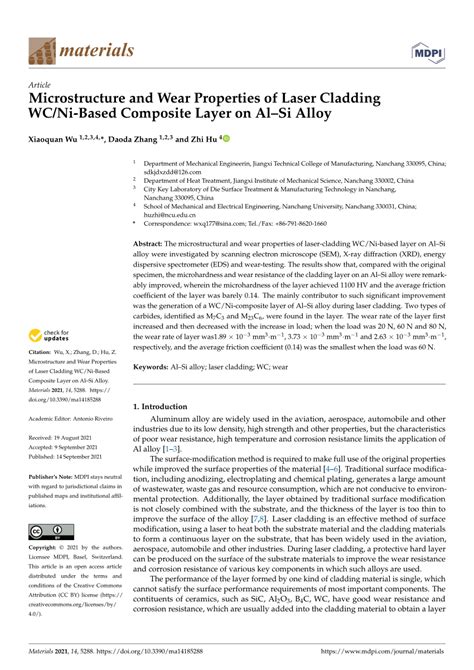Pdf Microstructure And Wear Properties Of Laser Cladding Wcni Based Composite Layer On Alsi