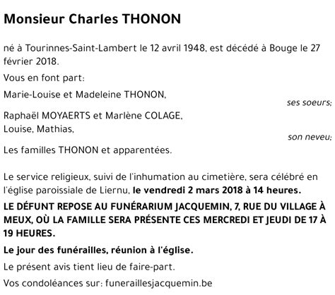 Avis De Décès De Charles Thonon Décédé Le 27 02 2018 à Bouge Annonce Condoléances Fleurs