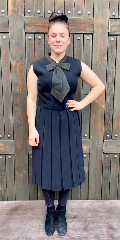 Vintage 1950s Black Pussy Bow Fit Flare Dress Dark Gem