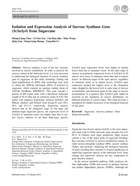 Pdf Isolation And Expression Analysis Of Sucrose Synthase Gene