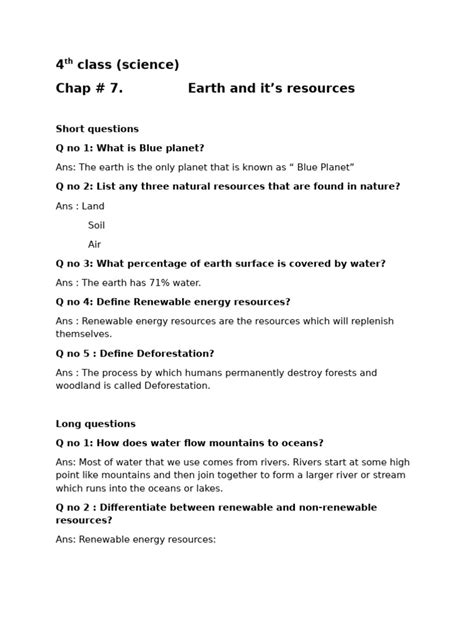 4rth Class Science Pdf Renewable Resources World Energy Resources