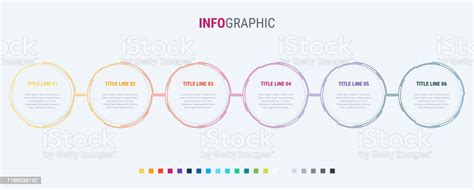 다채로운 다이어그램 인포 그래픽 템플릿 6 개의 옵션이있는 타임 라인 비즈니스를 위한 반올림된 워크플로 프로세스입니다 벡터 디자인 개념에 대한 스톡 벡터 아트 및 기타