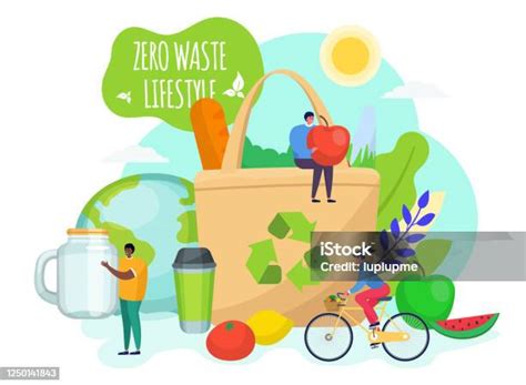 제로 폐기물 라이프 스타일 개념 벡터 일러스트 사람들은 행성 생태계에 관심이 환경을 저장합니다 패브릭 백 사람들에 대한 스톡