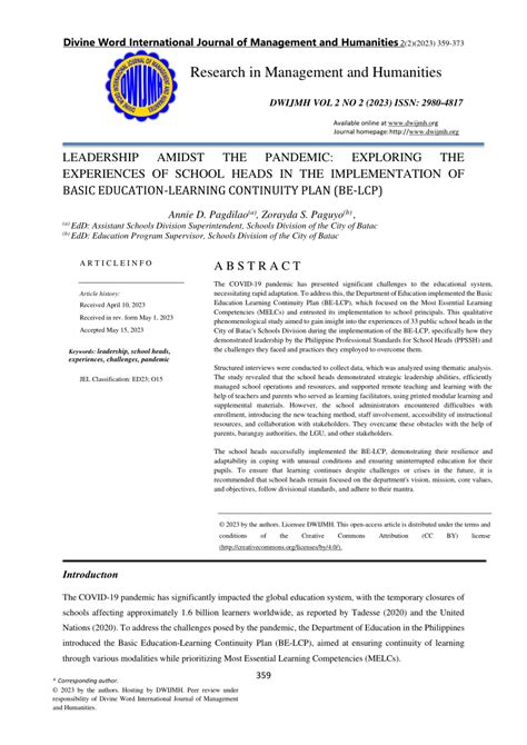 Pdf Leadership Amidst The Pandemic Exploring The Experiences Of School Heads In The