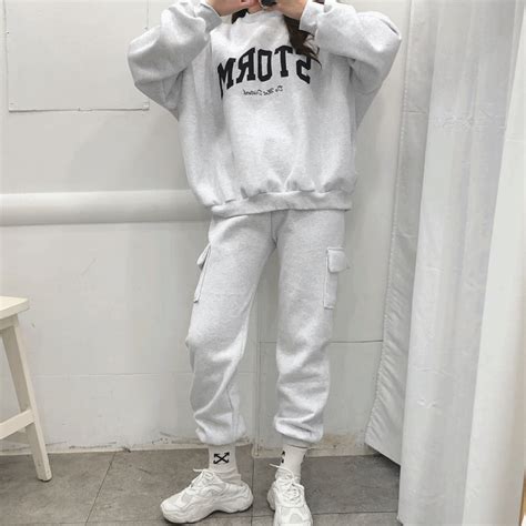 세트가격 St 오버핏 맨투맨 하이웨스트 카고 조거팬츠 기모 트레이닝 세트 에이블리