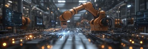 Orange Robotic Arm Assembling In A Digital Factory Stock Illustration