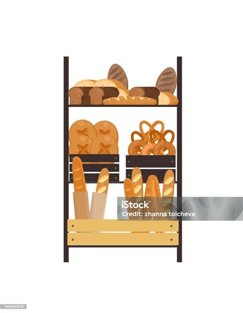 스톨 또는 베이커리 가게를 서십시오 다양한 빵과 패스트리 프렌치 바게트 시아 바타 크로와상 베이글 프레첼 흰색 배경에 격리된 플랫 벡터 일러스트레이션입니다 0명에 대한 스톡