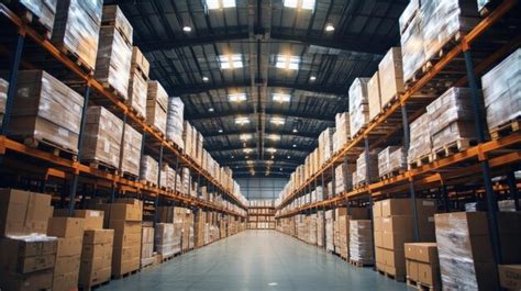 Warehouse Interior A Storage Facility Filled With Pallets Of Boxes Premium Ai Generated Image