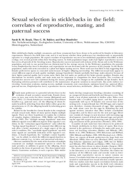 Pdf Sexual Selection In Sticklebacks In The Field Correlates Of