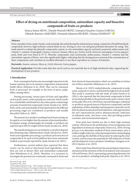 Pdf Effect Of Drying On Nutritional Composition Antioxidant Capacity And Bioactive Compounds