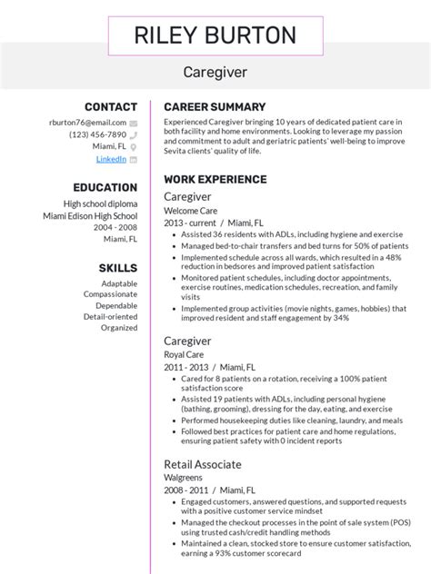 Caregiver Resume Example Pdf