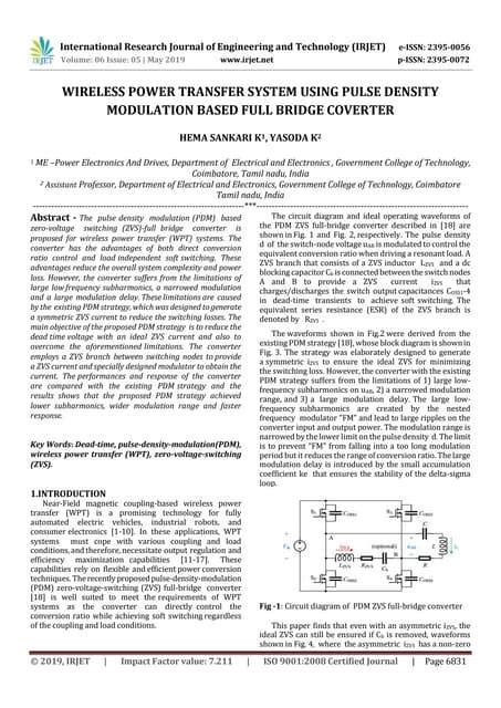 Irjet Wireless Power Transfer System Using Pulse Density Modulation Based Full Bridge Coverter