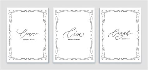 라이브 웃음 사랑 프레임 컬렉션 말 너머의 사랑으로 손으로 그린 편지 포스터 매 순간을 살고 웃는 텍스트 긍정적 인 동기 부여 벡터 세트 사랑에 대한 스톡 벡터 아트 및