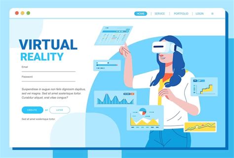 모의 디자인 웹 사이트 플랫 디자인 개념 가상 현실 플랫폼 Vr 안경을 쓴 소녀는 그래픽 및 차트 벡터 그림을 정렬합니다