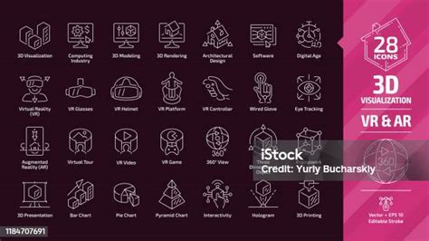 가상 및 증강 현실 시각 기술 및 프리젠 테이션 편집 스트로크 라인 기호와 어두운 모드에서 설정 3d 시각화 개요 아이콘 3