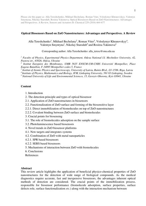 Pdf Optical Biosensors Based On Zno Nanostructures Advantages And Perspectives A Review