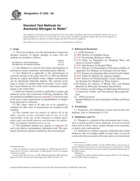 Standard Test Methods For Ammonia Nitrogen In Water