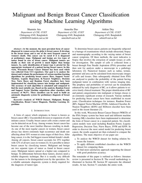 Pdf Malignant And Benign Breast Cancer Classification Using Machine