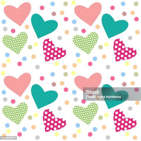 얼룩과 물방울 무늬와 축제 색종이가있는 섬세한 색상의 하트의 매끄러운 패턴eps 공휴일에 대한 스톡 벡터 아트 및 기타 이미지 공휴일 귀여운 낭만주의 Istock