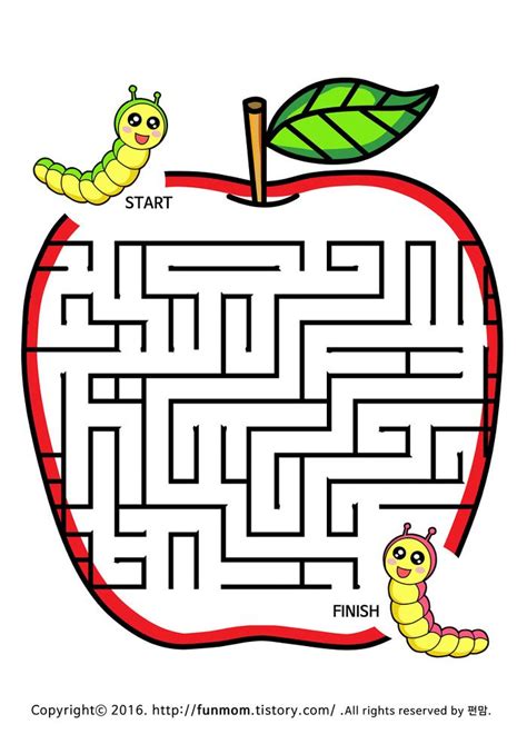 어린이용 재미있는 사과 미로찾기프린트 3 사과 유치원 학습 활동 유치원 학습