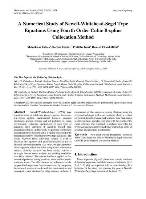 PDF A Numerical Study Of Newell Whitehead Segel Type Equations Using Fourth Order Cubic B