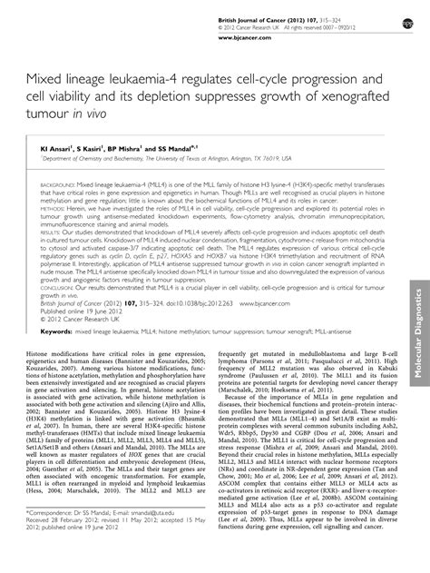Mixed Lineage Leukaemia 4 Regulates Cell Cycle Progression And Cell