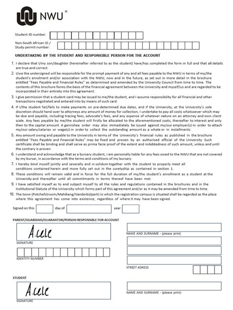 Nwu Financial Undertaking With Adress Final Pdf Business Common Law