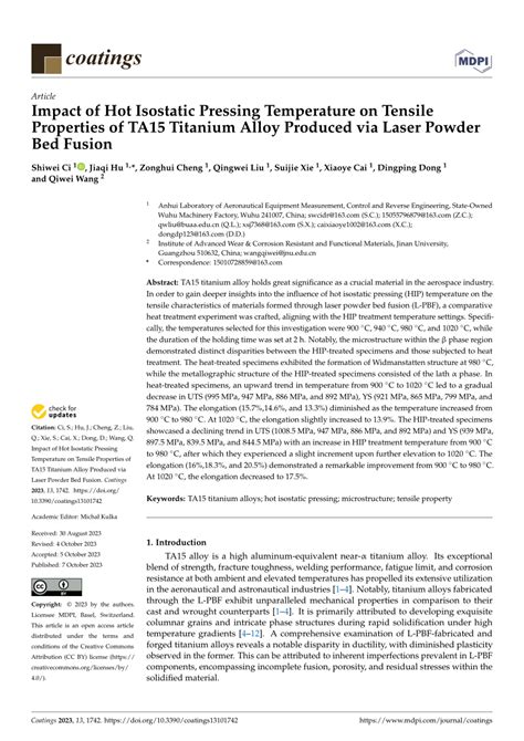 Pdf Impact Of Hot Isostatic Pressing Temperature On Tensile Properties Of Ta15 Titanium Alloy