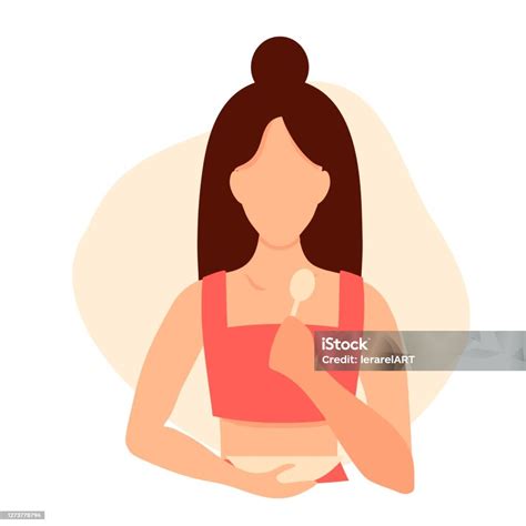 숟가락과 접시를 들고 먹는 여성의 벡터 일러스트레이션 여성을 위한 적절한 영양과 건강한 라이프스타일에 대한 인포그래픽 일러스트레이션 채식주의 아침 식사 및 천연 건강 식품