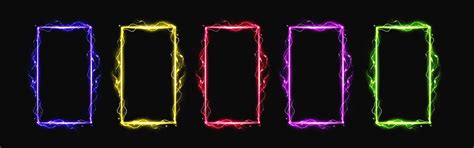 네온 번개 효과 전기 글로우 프레임 벡터 천둥 기호 에너지가 있는 매직 스파크 테두리 핑크 그린 골드 퍼플 밝은 색상의 Led 플라즈마 방전이 있는 매직 포털 사각형 모양