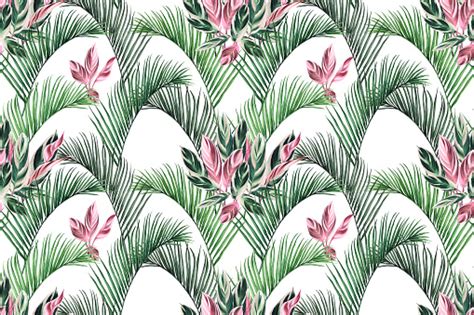 수채화 그림 다채로운 코코넛 녹색 분홍색 잎 매끄러운 패턴 배경 수채화 손으로 그린 일러스트 트로피아 이국적인 잎 인쇄 벽지 직물 하와이 알로하 여름 스타일 0명에 대한