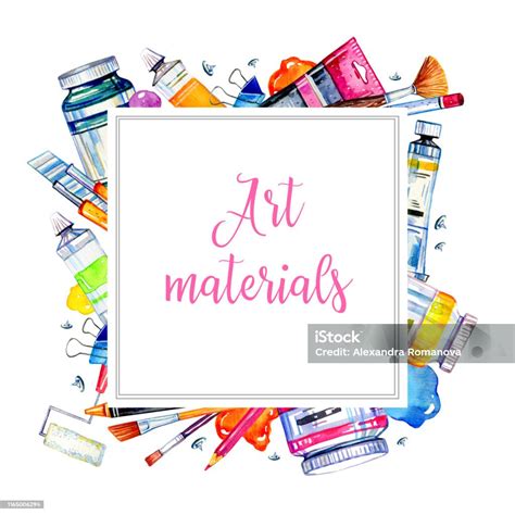 아티스트 자료 직사각형 프레임 디자인 템플릿 페인트 브러시 문구 및 튜브 손으로 그린 스케치 수채화 일러스트 개인 장식품에 대한