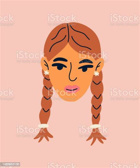 데이지와 스터드 귀걸이를 한 귀여운 갈색 머리 여자의 초상화 배경에 고립된 유럽 여성 캐릭터의 아바타 엽서 포스터 소셜 네트워크에 대한 벡터 그림입니다