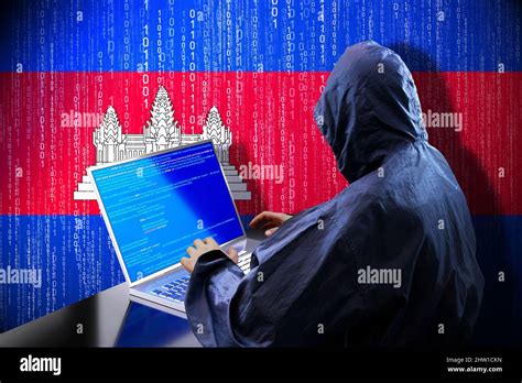 anonymous hooded hacker flag of cambodia binary code cyber attack
